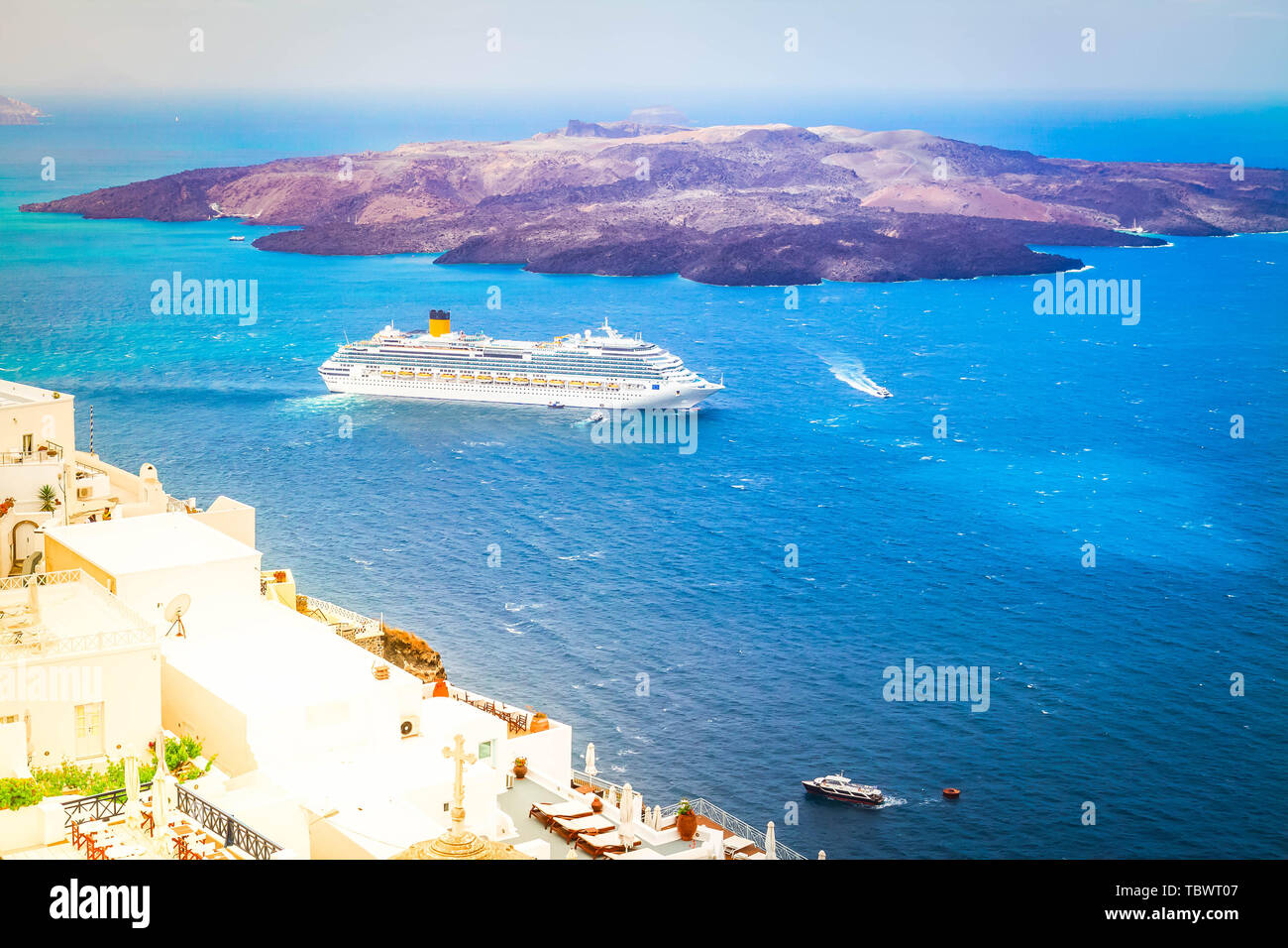 Thira, Aegan sea and caldera of Santorini volcano with ships, Greece ...