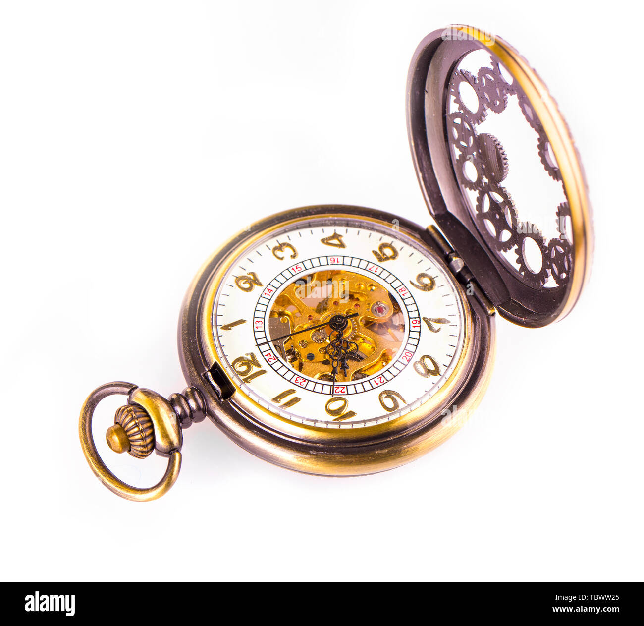 Old opened vintage clock on white background Stock Photo - Alamy