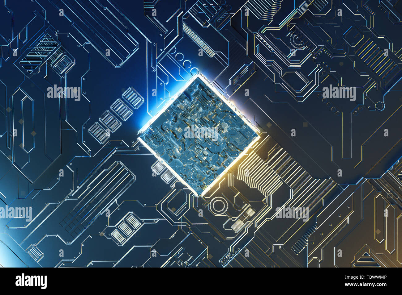 Three-dimensional rendering, circuit board with gold luminescent chip ...