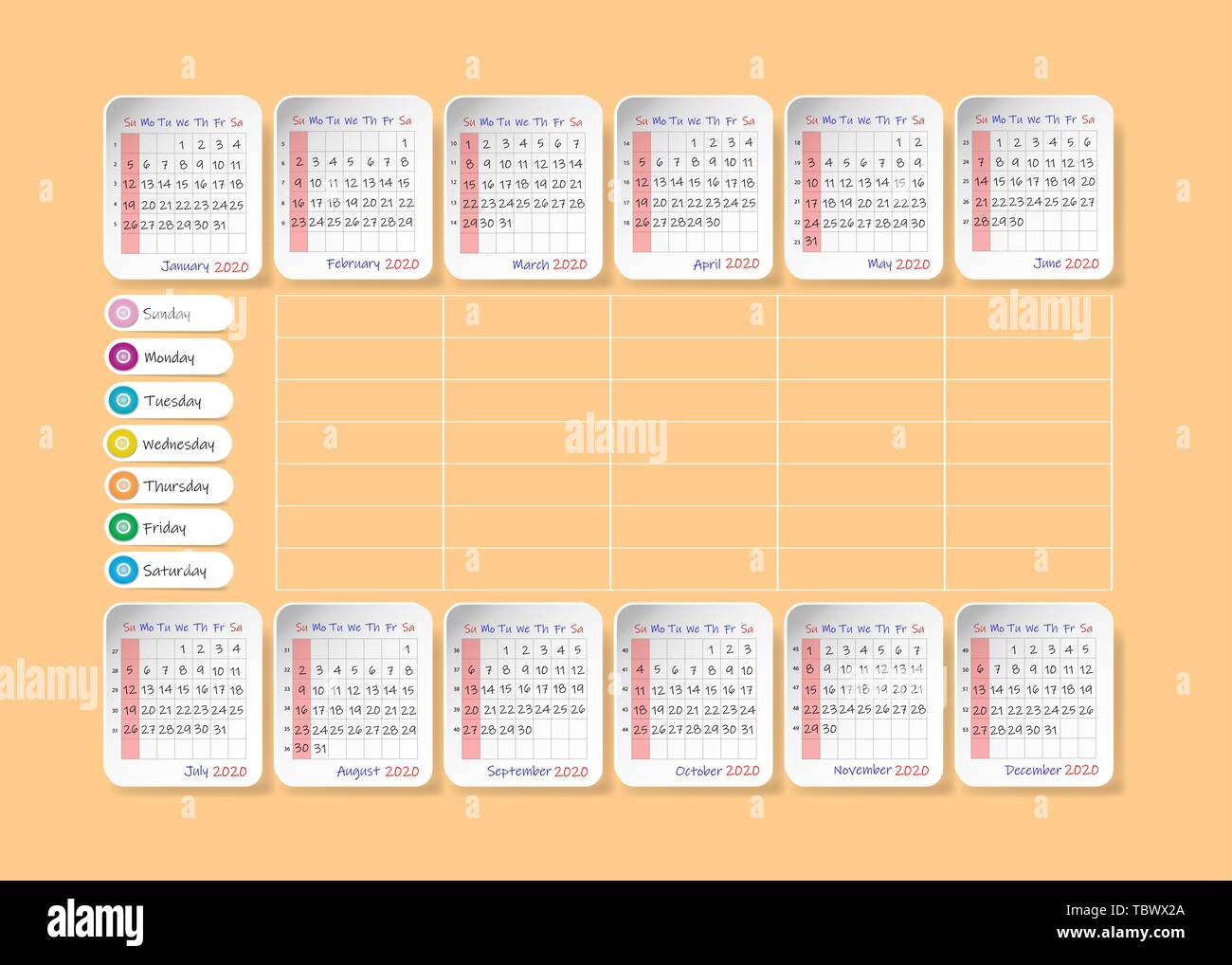 Calendar for 2020 with weekly planner in the center of the vector. Week ...