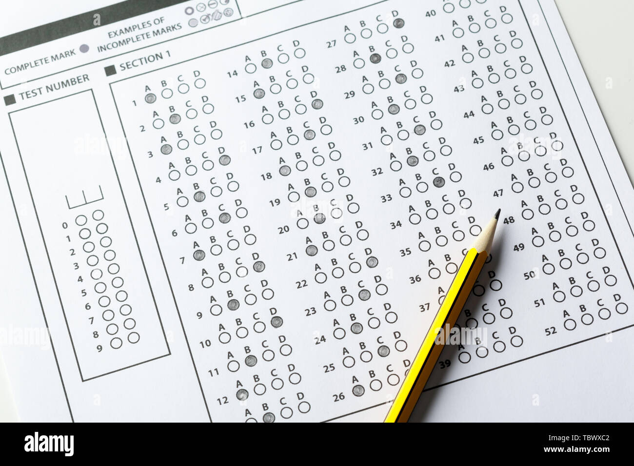 Test score sheet with answers Stock Photo - Alamy