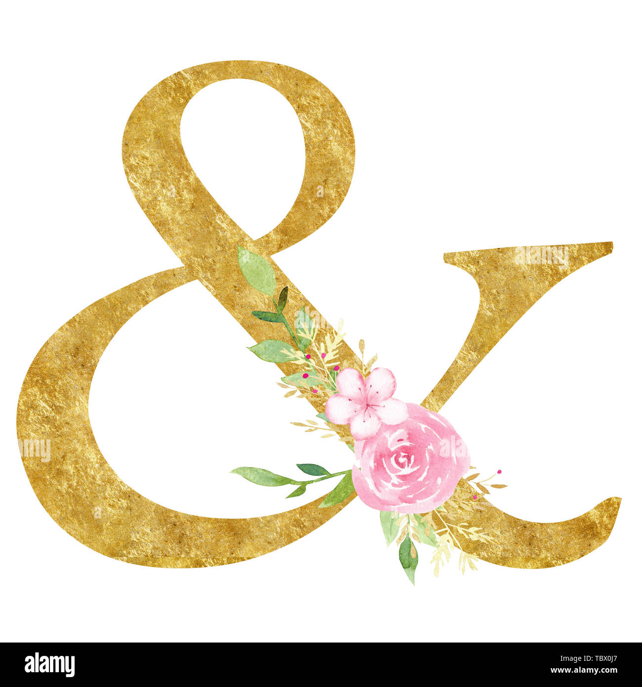 Ampersand with blossom raster illustration. Alphabet sign, symbol with ...