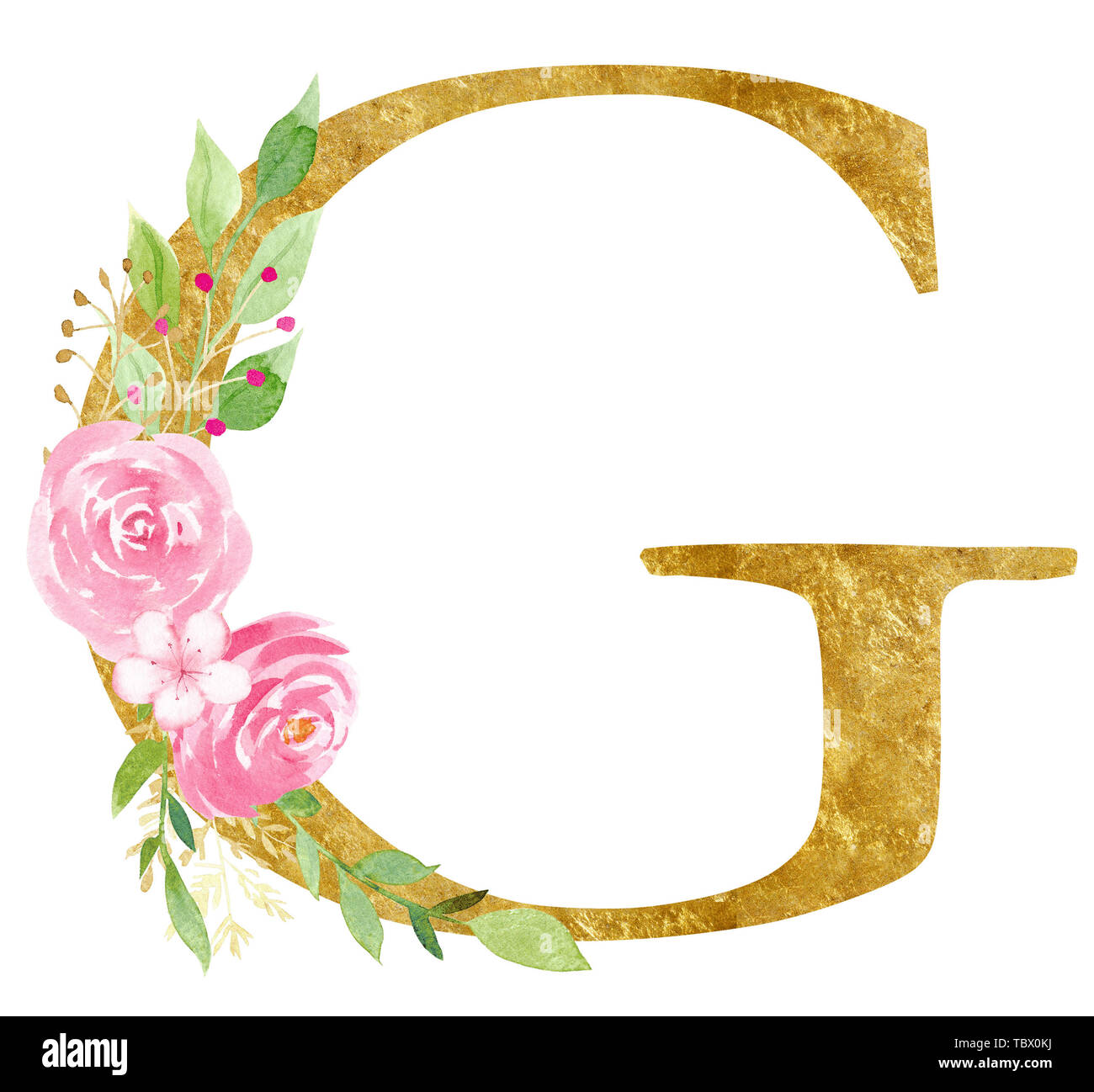 Capital G letter with blossom raster illustration. Floral monogram with ...