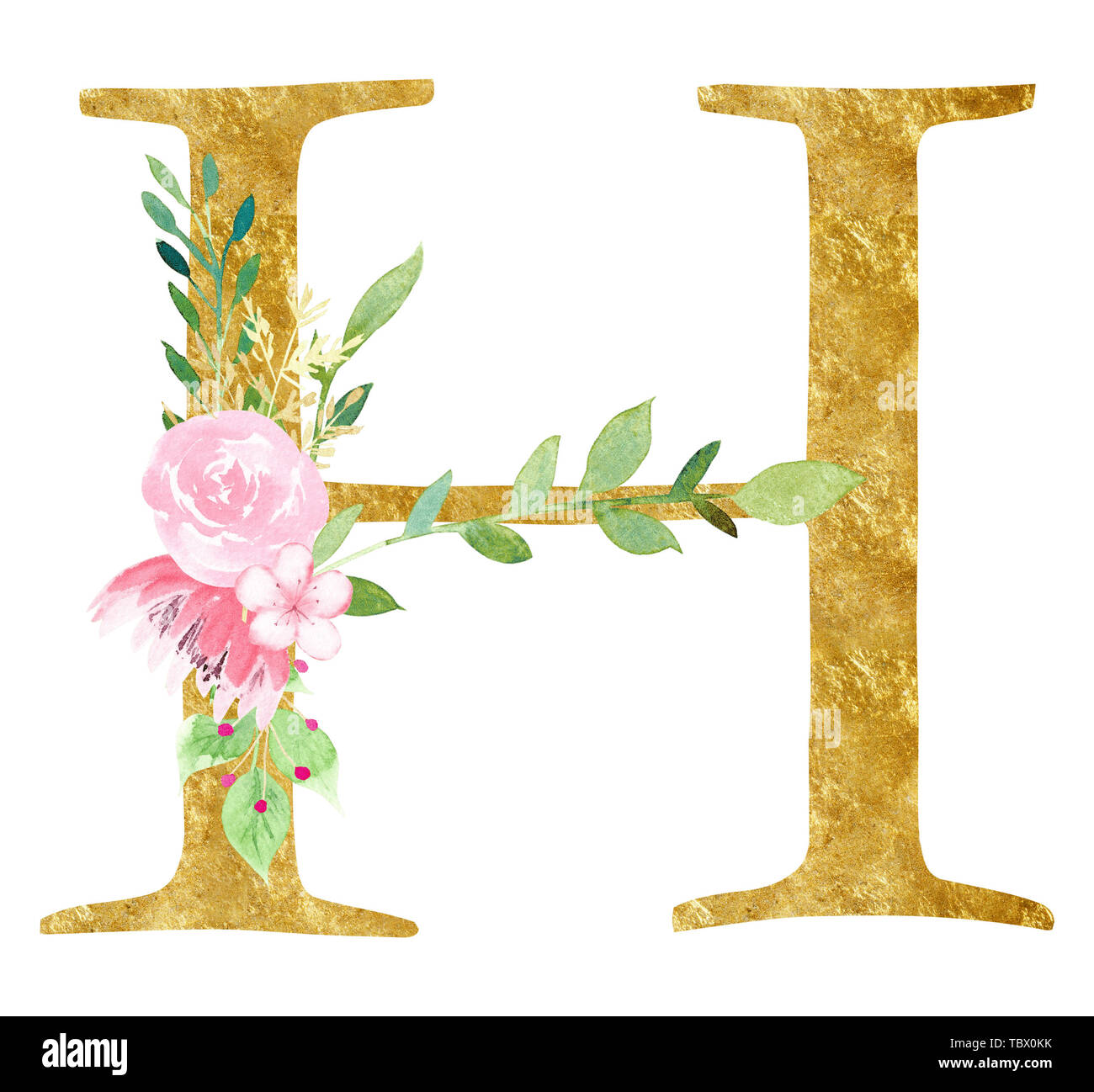 H letter with pink flowers raster illustration. Latin alphabet sign ...