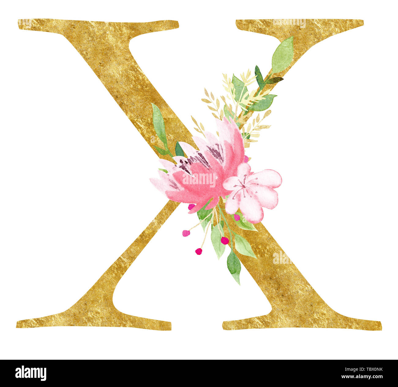 Capital X sign with flowers raster illustration. Latin alphabet letter ...