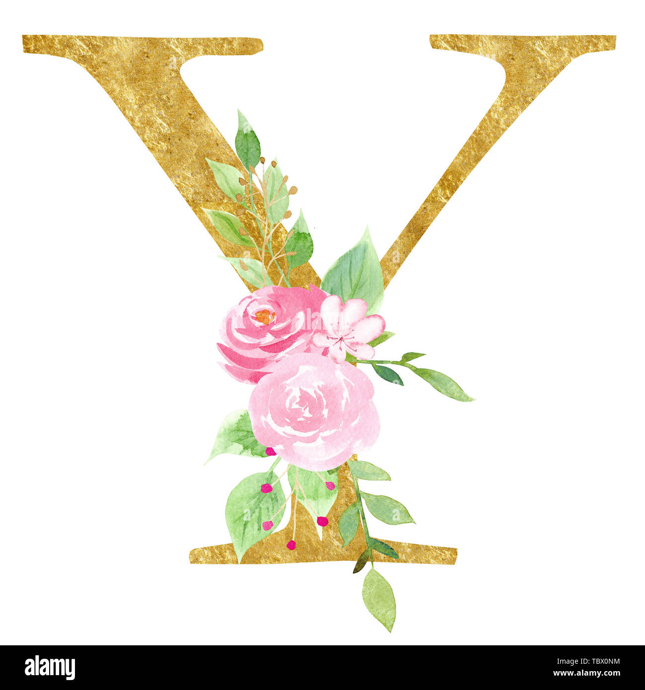 Latin Y letter with foliage raster illustration. Capital alphabet ...