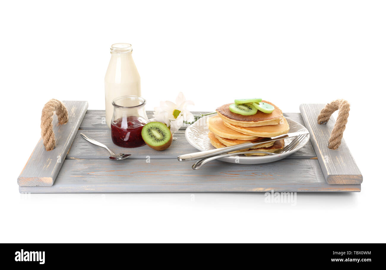 Tray with tasty breakfast on white background Stock Photo - Alamy
