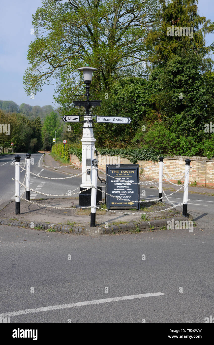Pump, Signpost, and Lamp, at the crossroads, Hexton, Hertfordshire. The ...