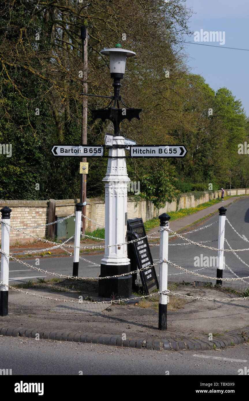 Pump, Signpost, and Lamp, at the crossroads, Hexton, Hertfordshire. The ...