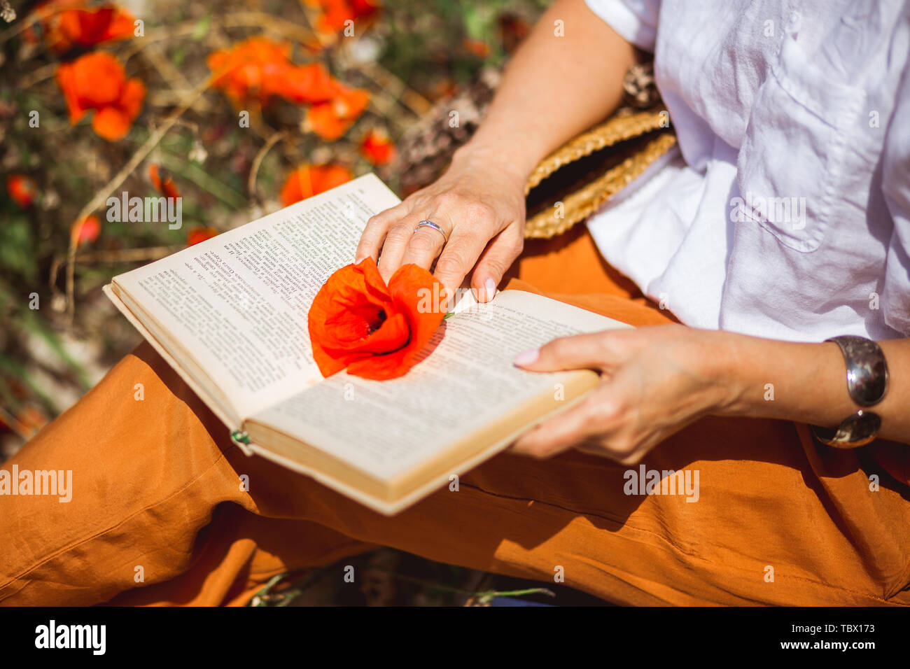 Female reads a book in the summer poppy field. Open book outdoors. Red ...