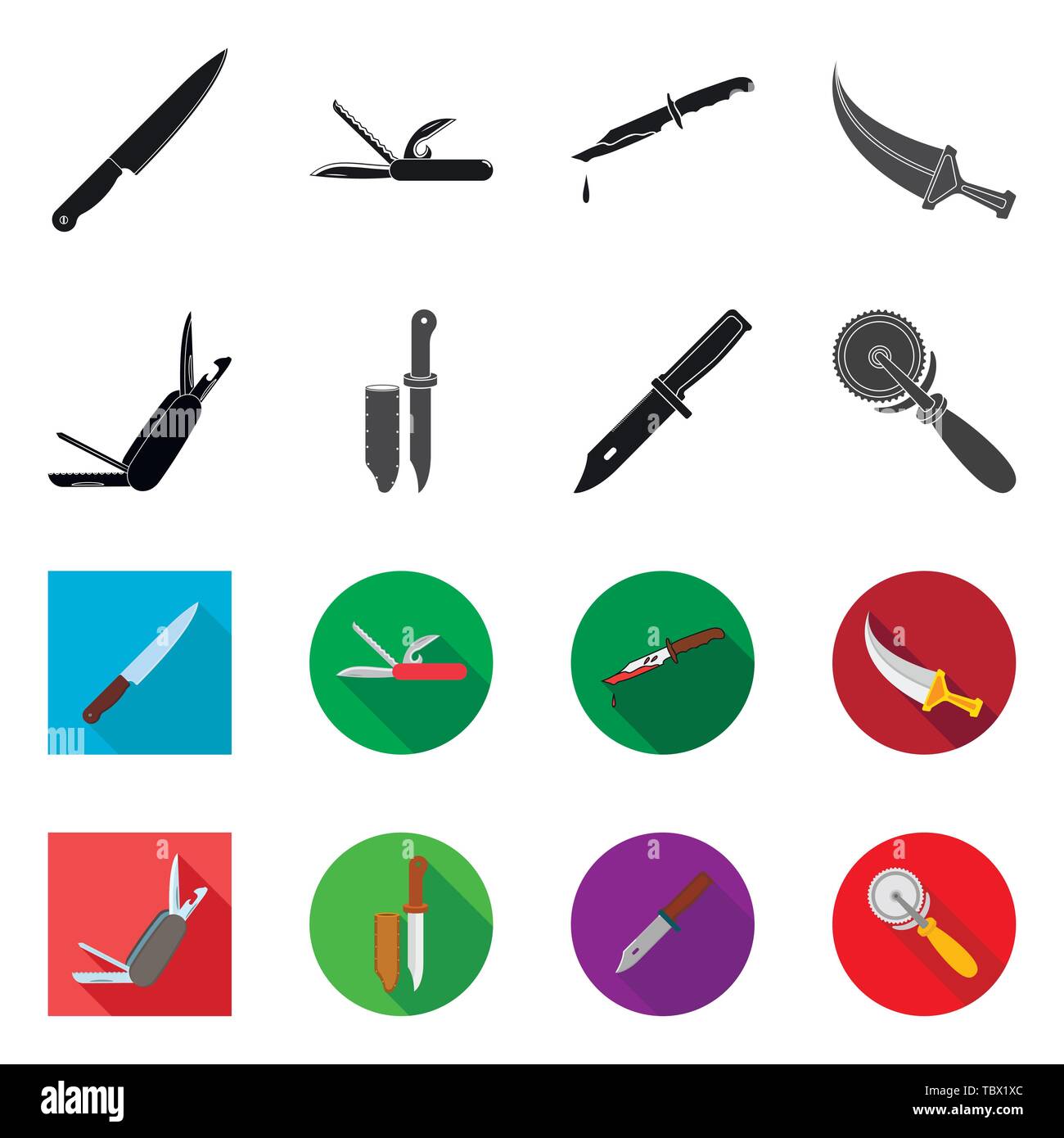 Vector design of knife and cut symbol. Collection of knife and flat ...