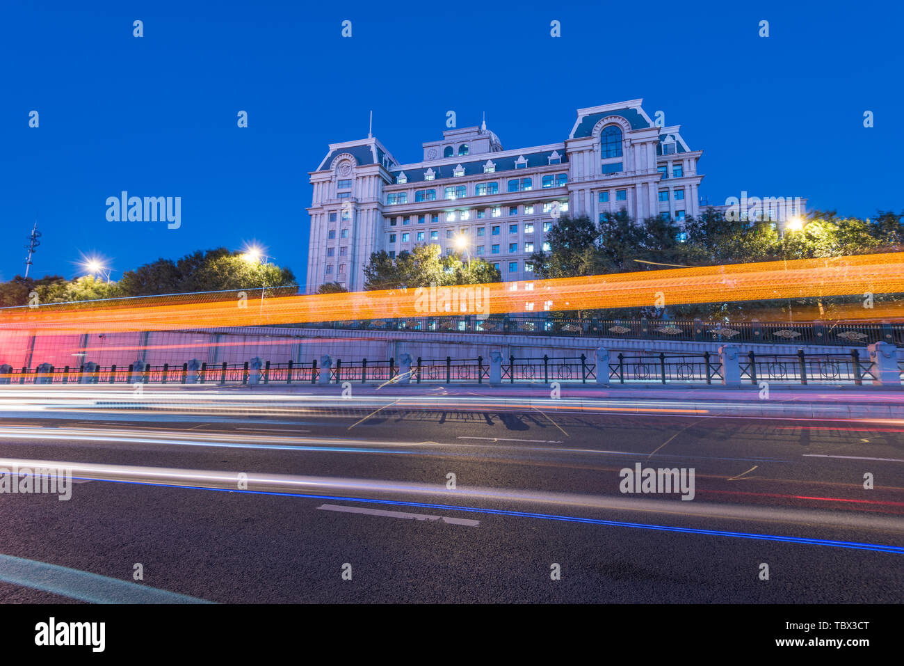 Night view of autumn city road building lights in Harbin, China Stock ...