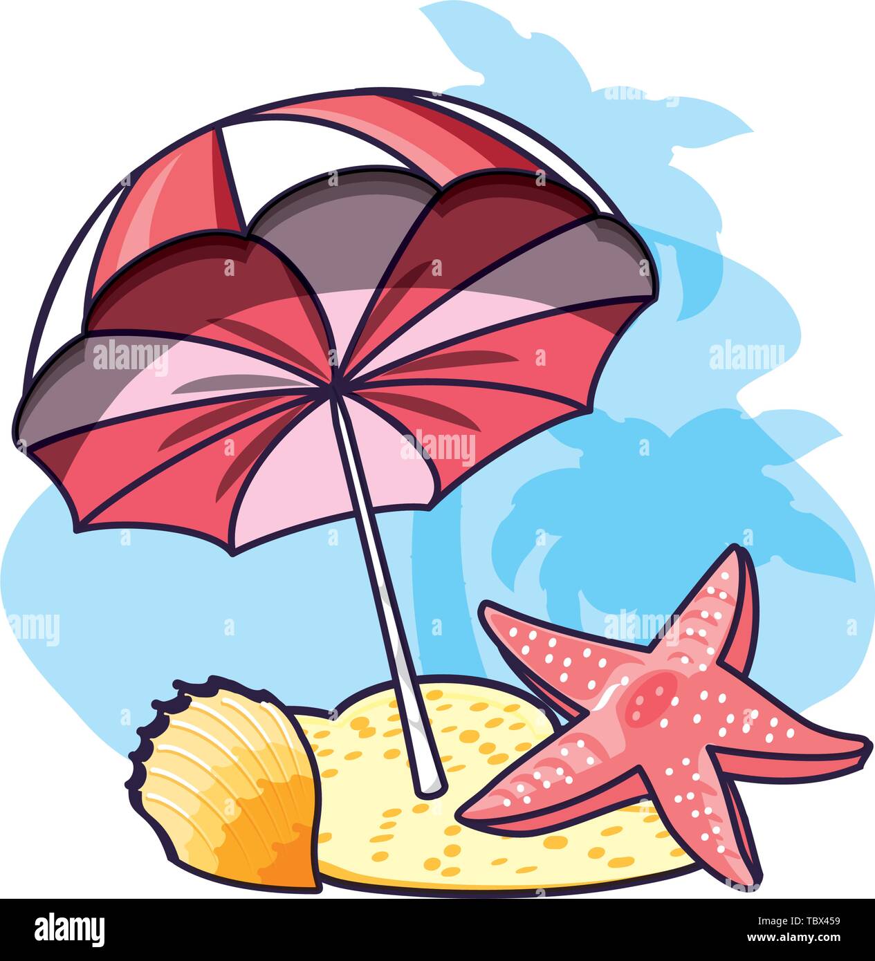 cute starfish with umbrella open and seashell vector illustration ...