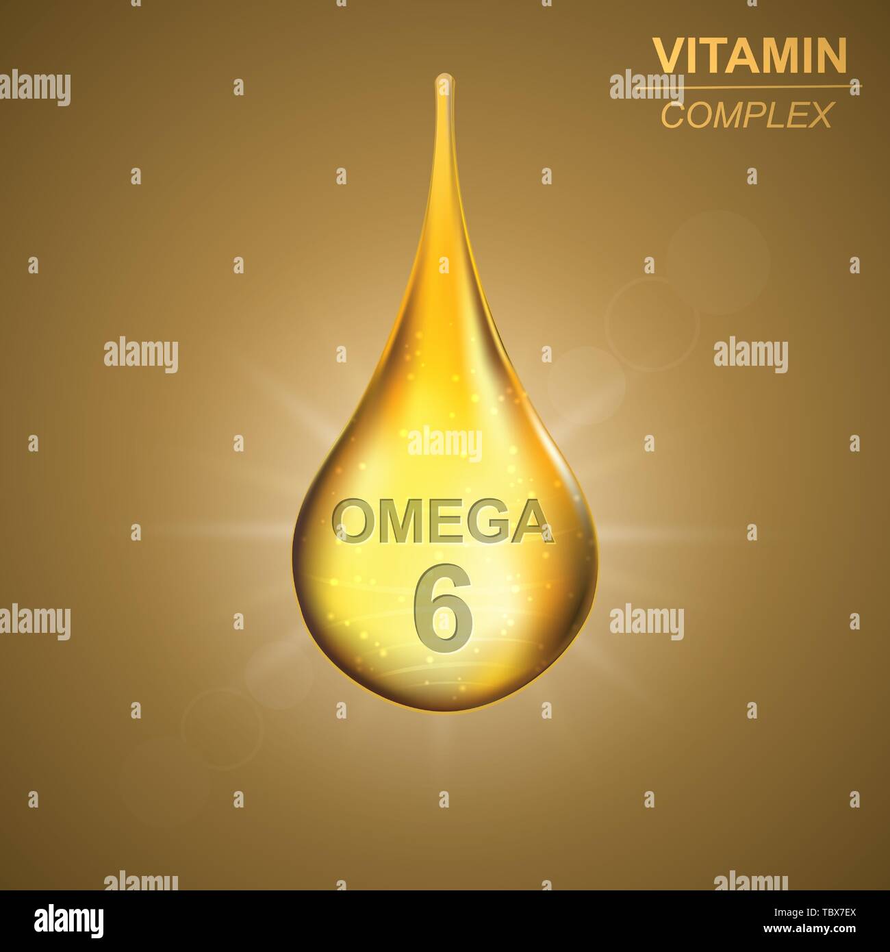 Vitamin Omega-6 gold shining drop icon . Vitamin complex background ...