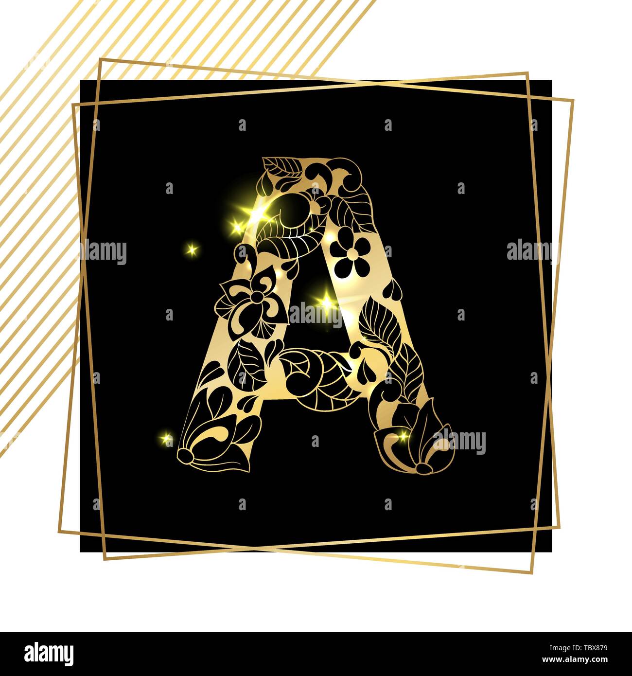 Golden Floral Ornamental Alphabet, Initial Letter A Font with Modern ...