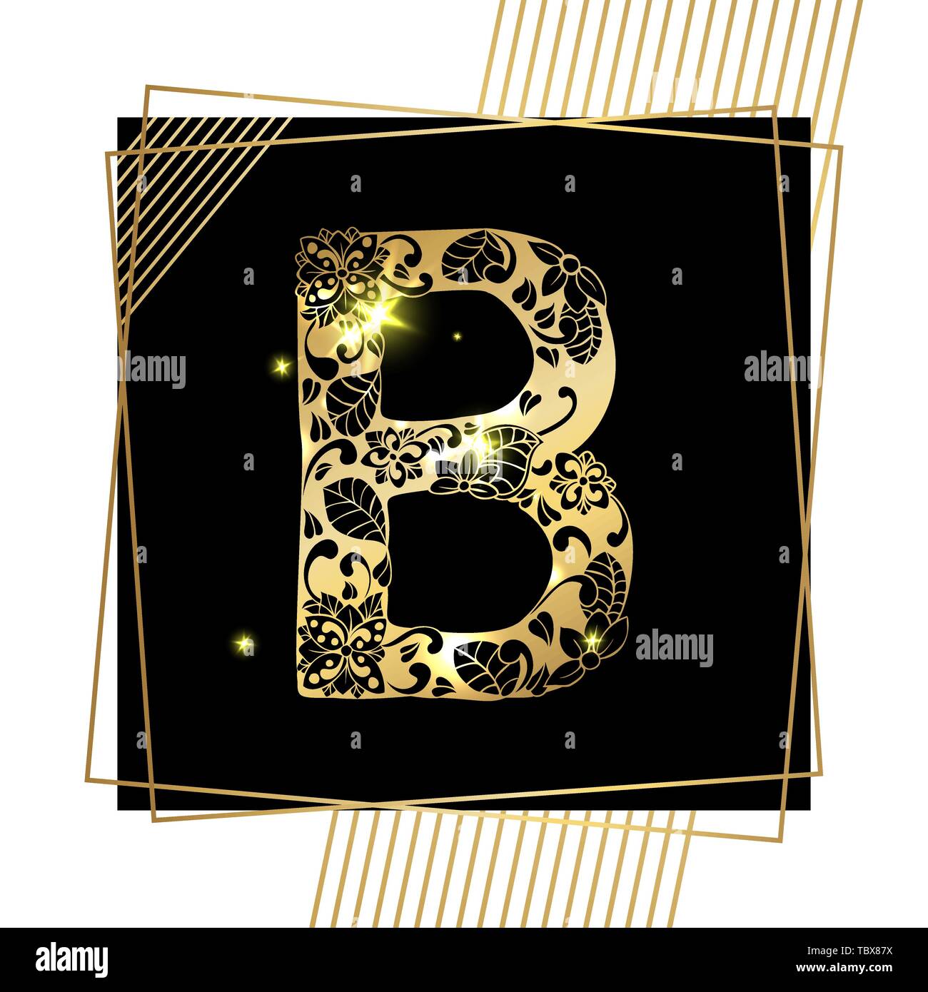 Golden Floral Ornamental Alphabet, Initial Letter B Font with Modern ...