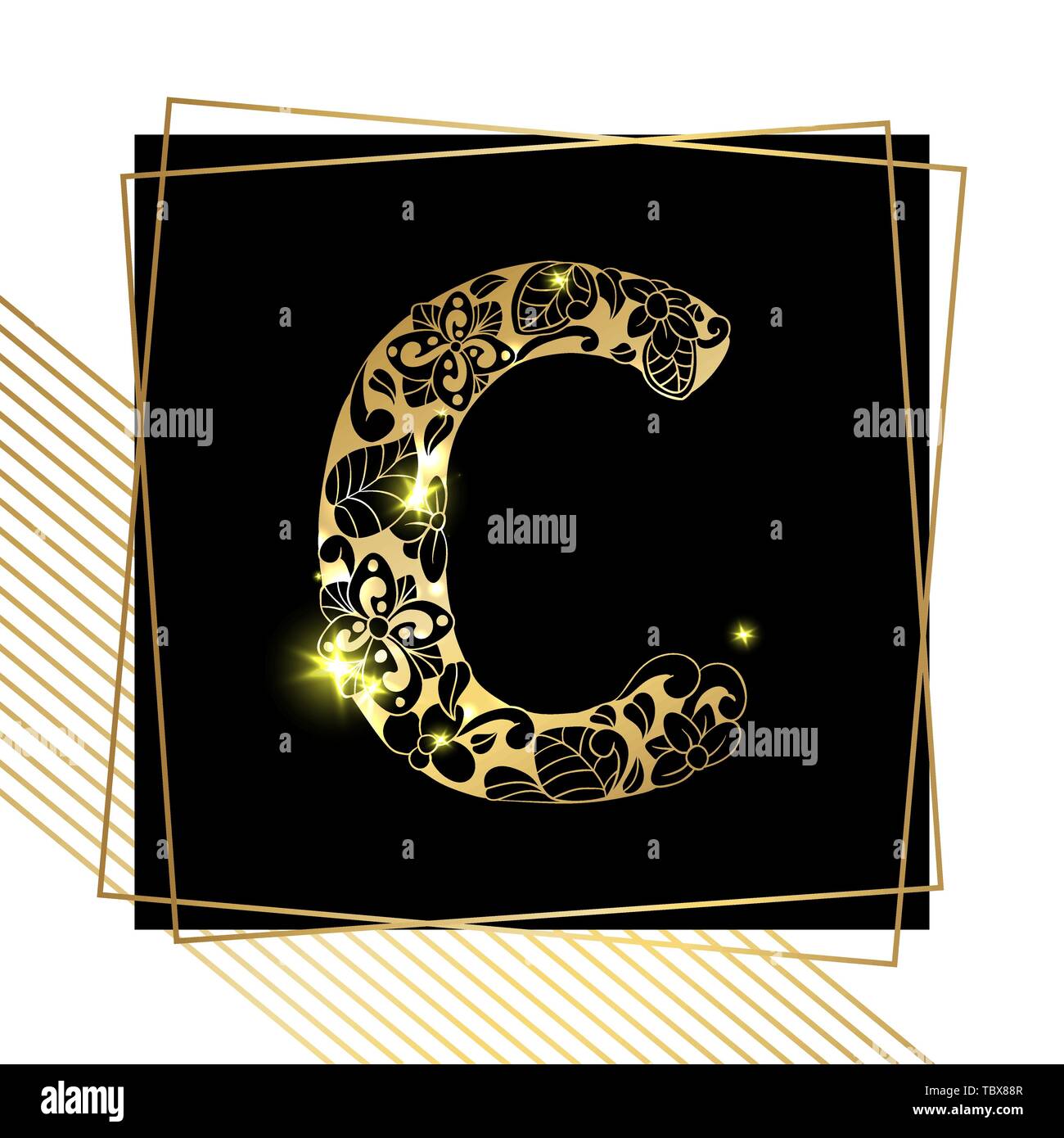 Golden Floral Ornamental Alphabet, Initial Letter C Font with Modern ...