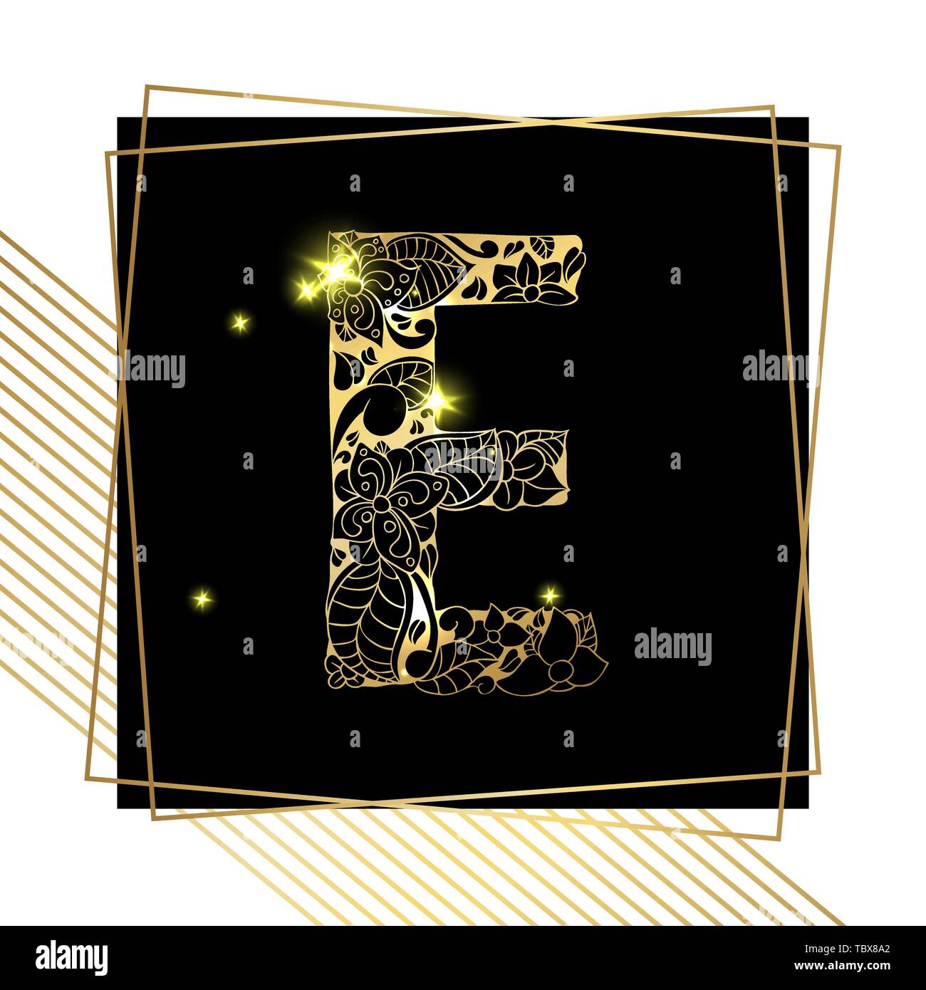 Golden Floral Ornamental Alphabet, Initial Letter E Font with Modern ...