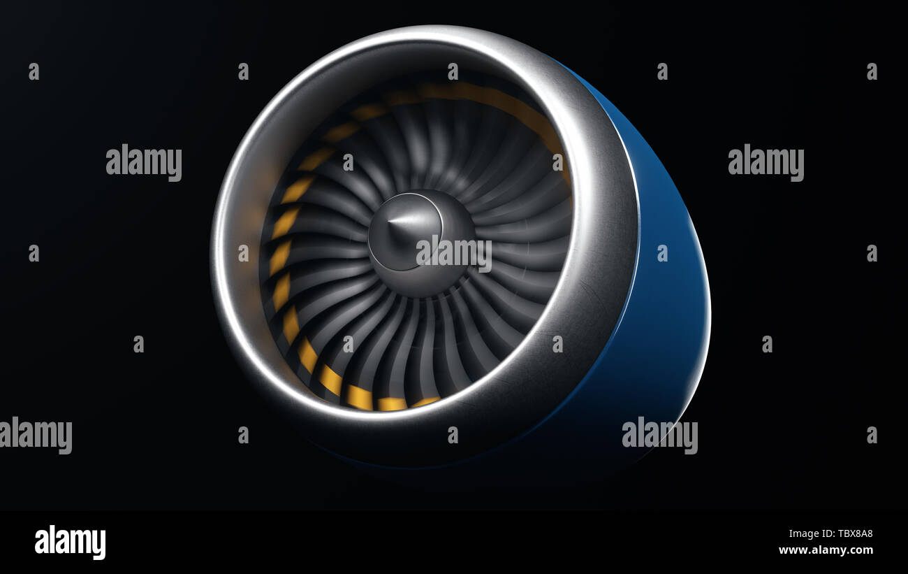Jet engine, close-up view blades. Engine blades at the ends painted ...