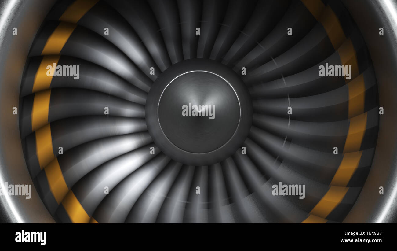 Jet engine, close-up view engine blades. Engine blades at the ends ...