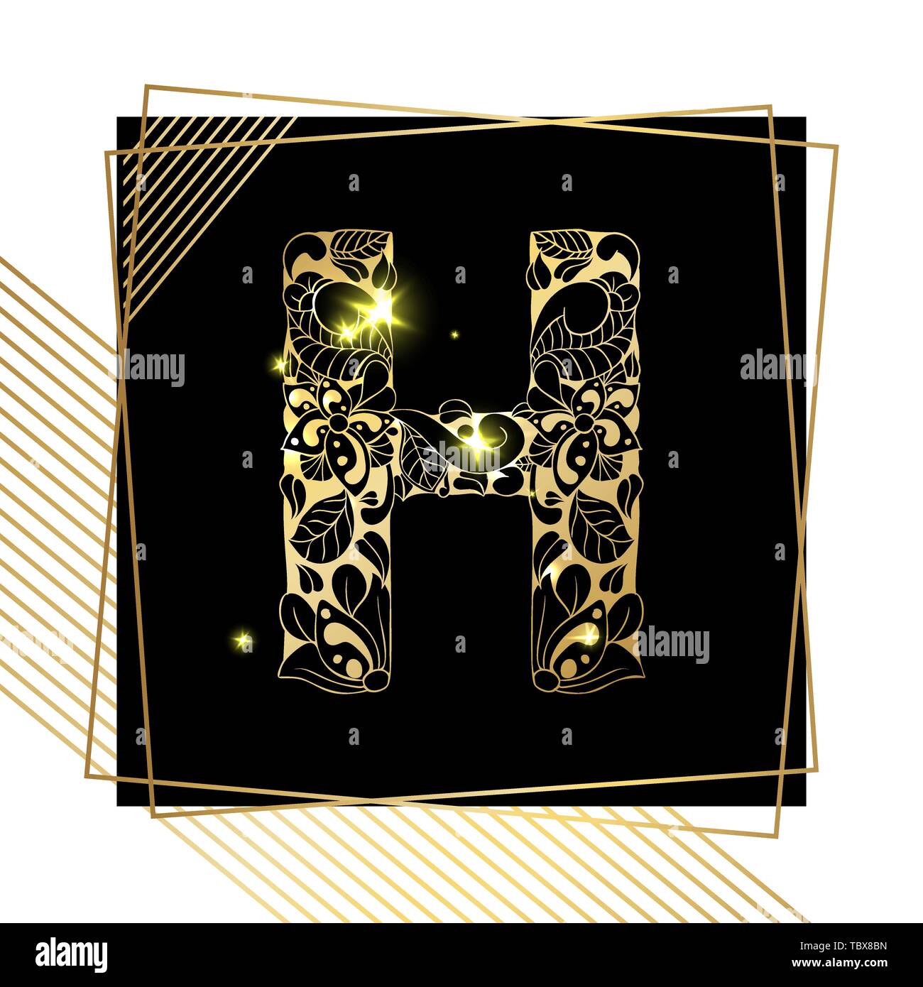 Golden Floral Ornamental Alphabet, Initial Letter H Font with Modern ...