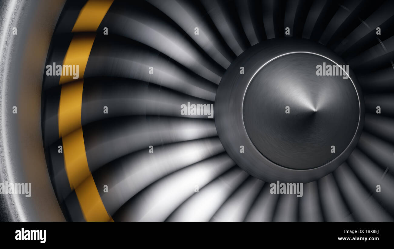 Jet engine, close-up view blades. Engine blades at the ends painted ...