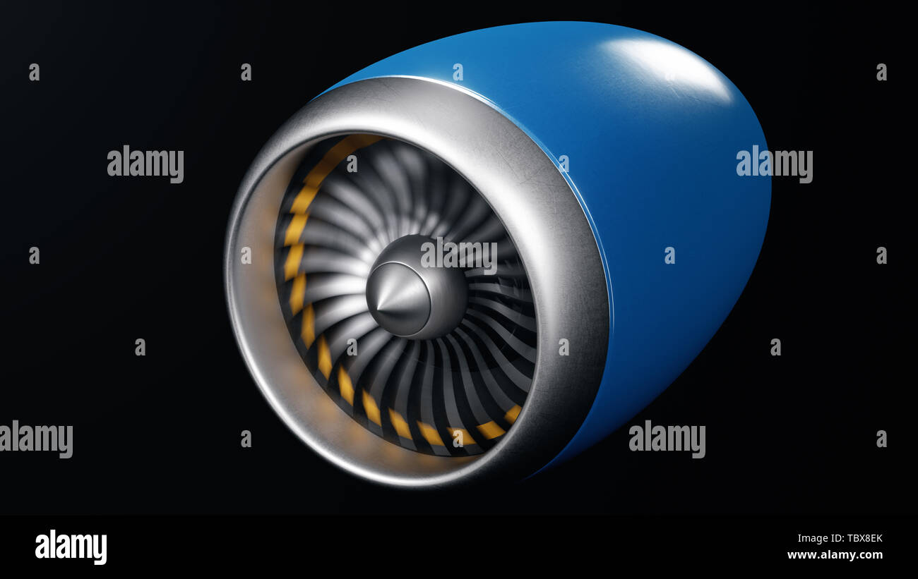 Jet engine, close-up view blades. Engine blades at the ends painted ...