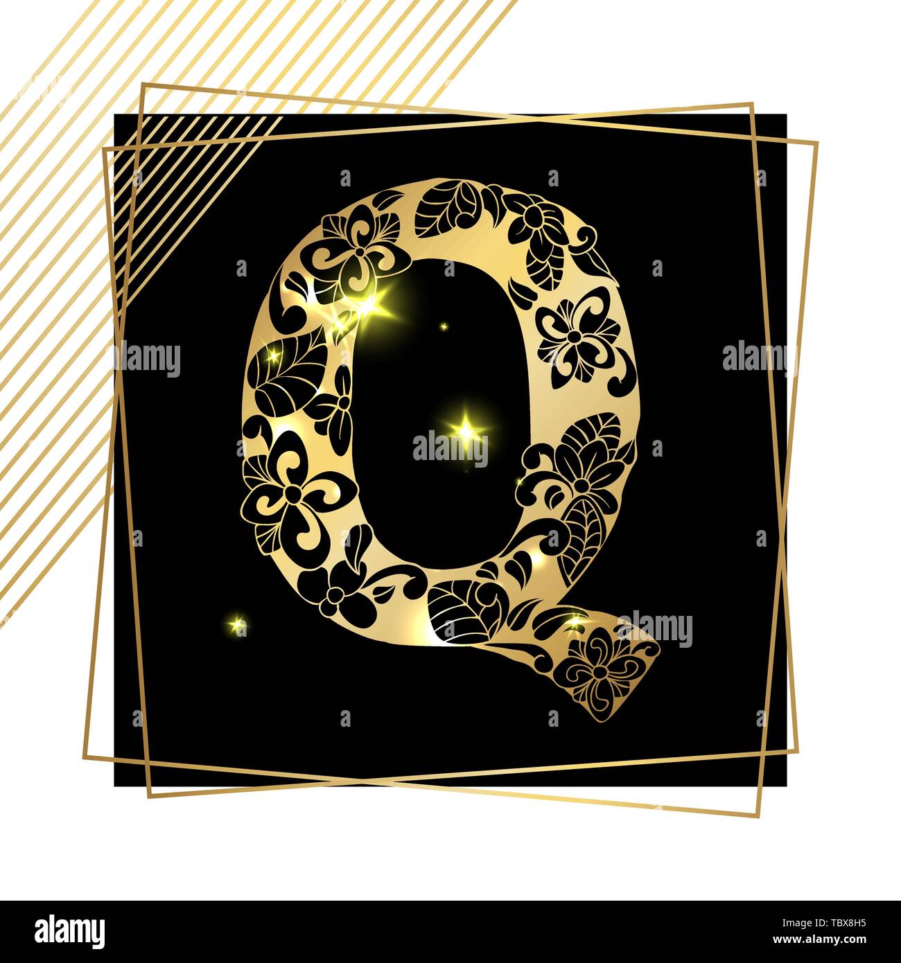 Golden Floral Ornamental Alphabet, Initial Letter Q Font with Modern ...