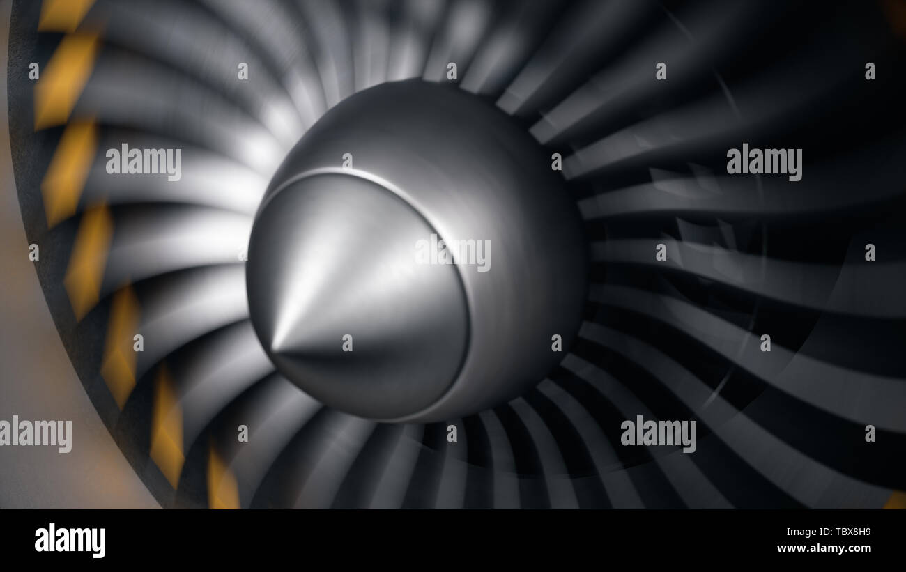 Jet engine, close-up view blades. Engine blades at the ends painted ...