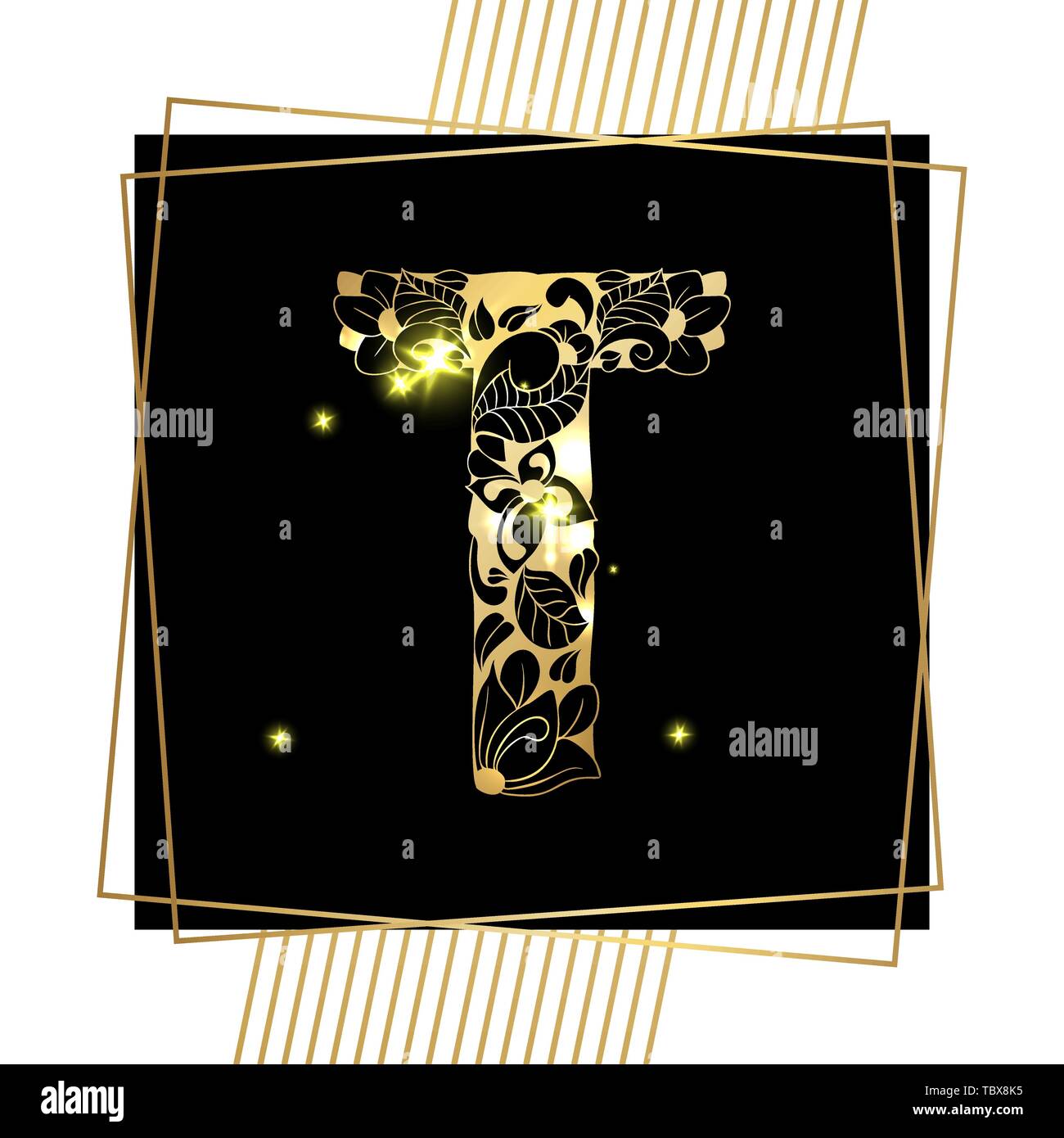 Golden Floral Ornamental Alphabet, Initial Letter T Font with Modern ...