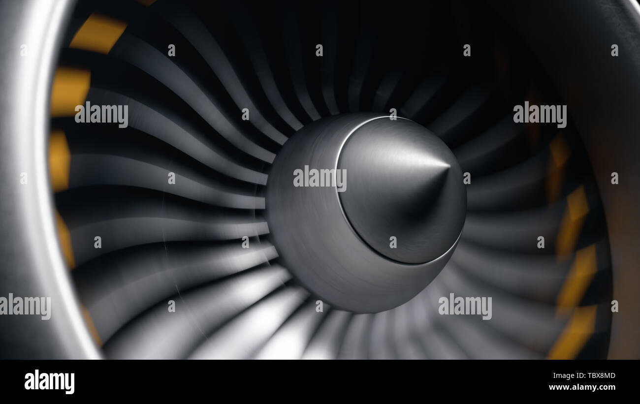 Jet engine, close-up view blades. Engine blades at the ends painted ...