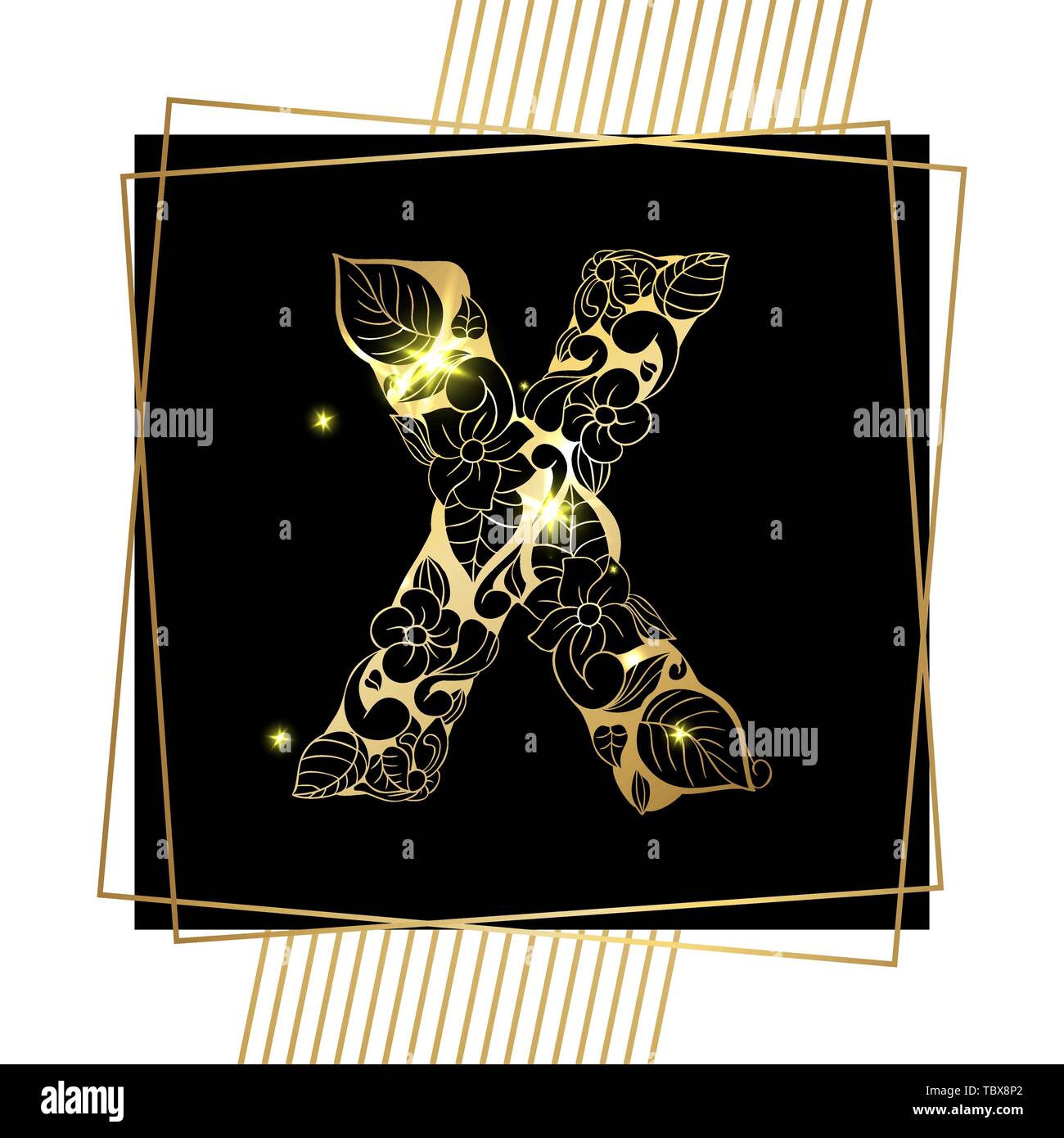 Golden Floral Ornamental Alphabet, Initial Letter X Font with Modern ...
