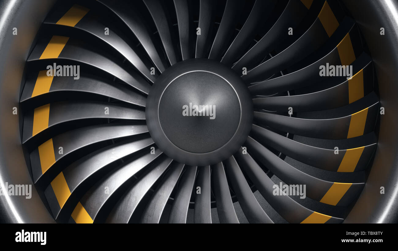3D illustration jet engine, close-up view jet engine blades. Front view ...