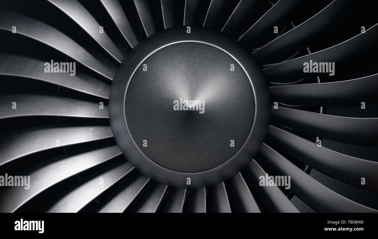 3D illustration jet engine, close-up view jet engine blades. Front view ...