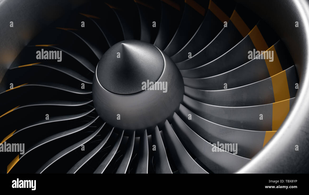 3D illustration jet engine, close-up view jet engine blades. Front view ...