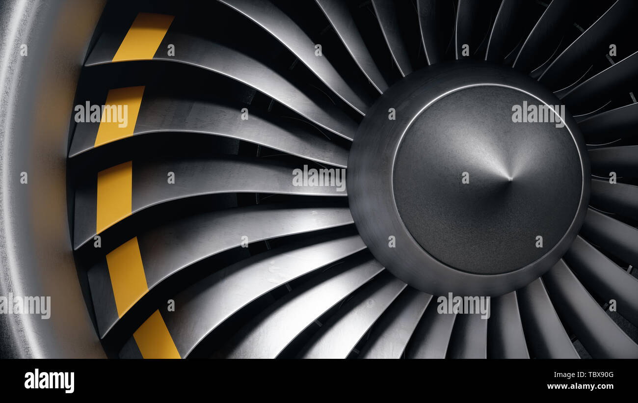 3D illustration jet engine, close-up view jet engine blades. Front view ...