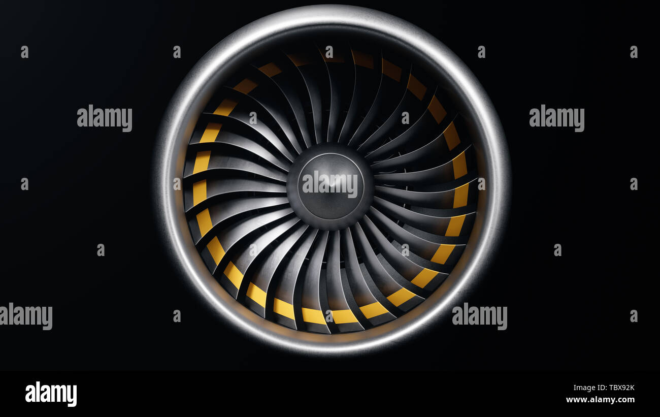 3D illustration jet engine, close-up view jet engine blades. Isolated ...