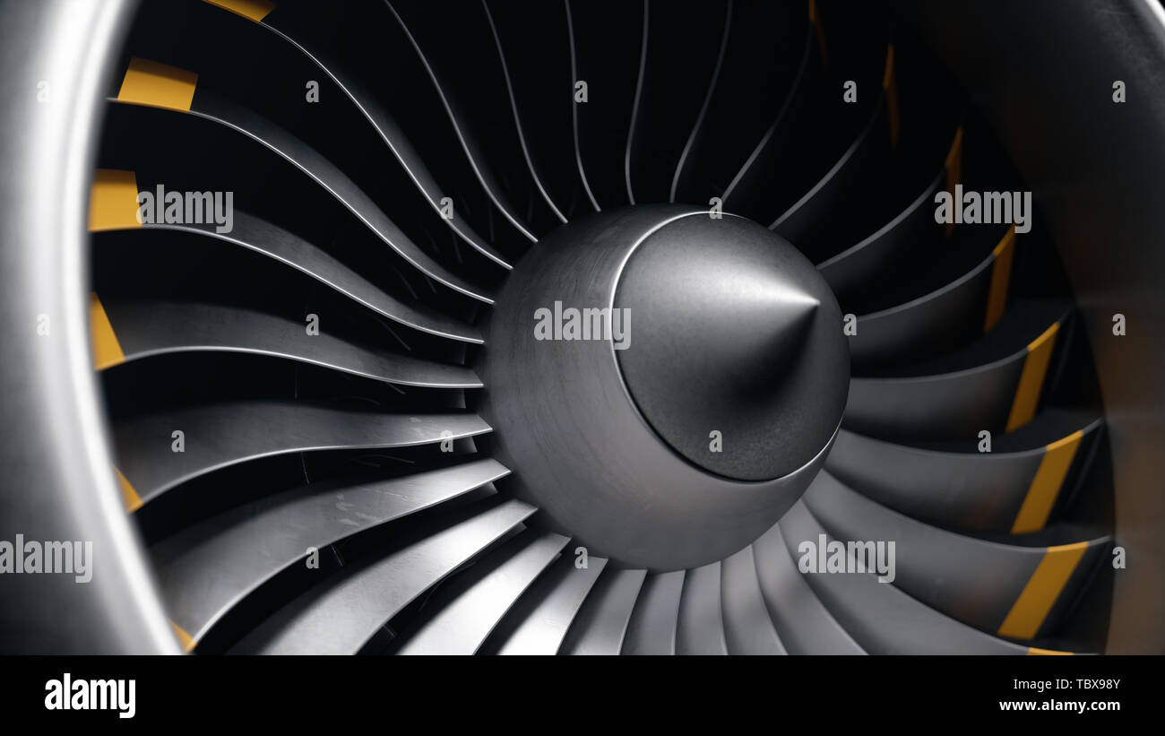 3D illustration jet engine, close-up view jet engine blades. Rotating ...