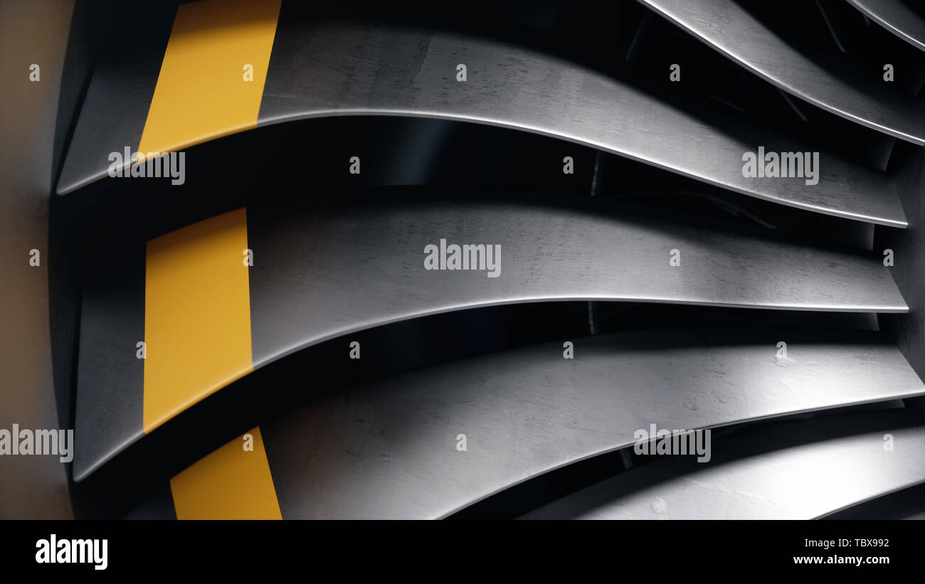 3D illustration jet engine, close-up view jet engine blades. Rotating ...
