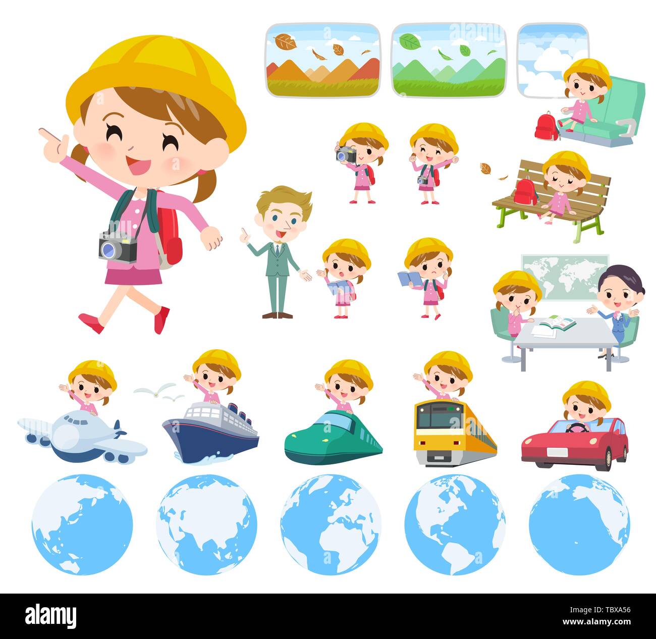 A set of Nursery school girl on travel.There are also vehicles such as ...