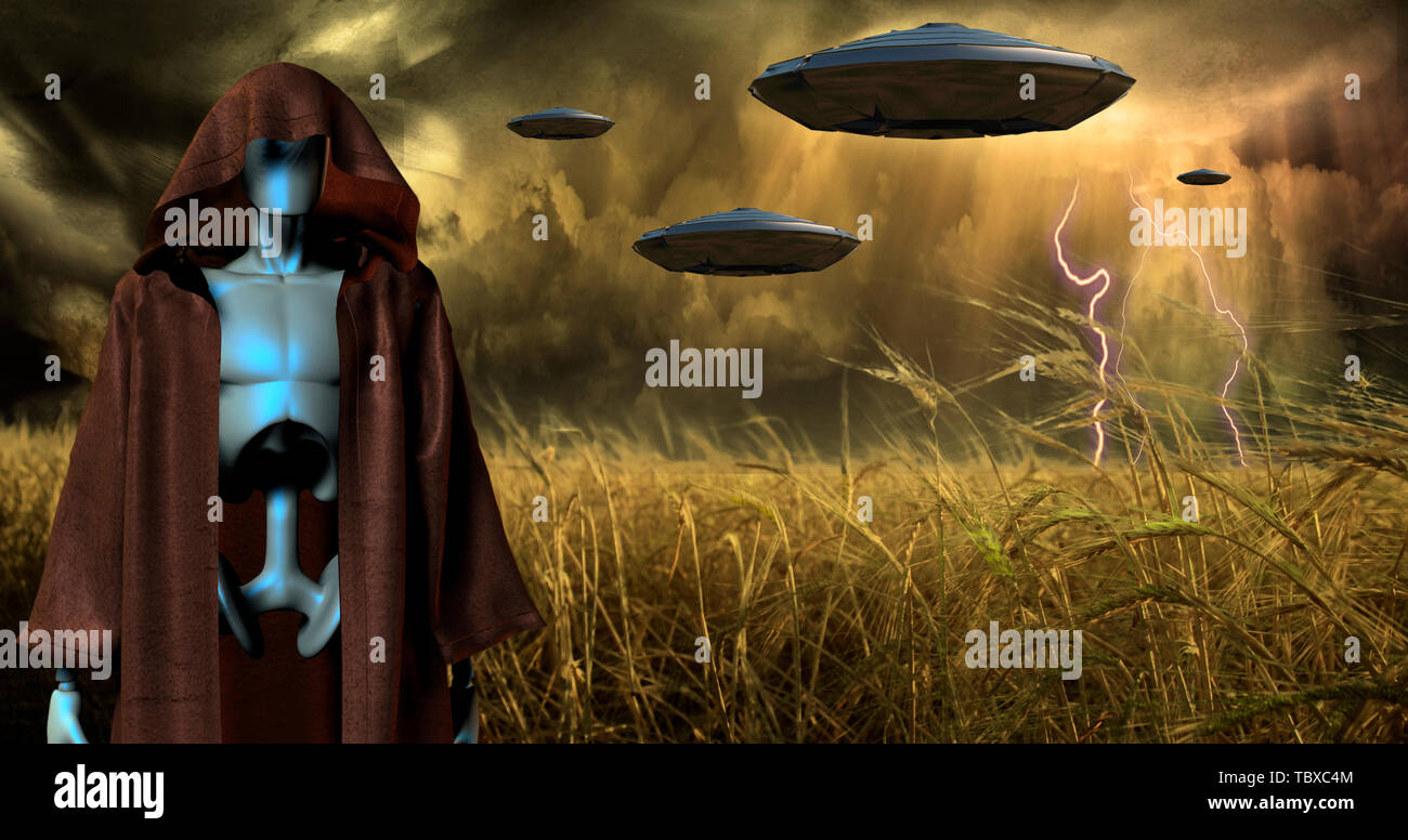 Alien Invasion. Robot and spacecrafts Stock Photo - Alamy