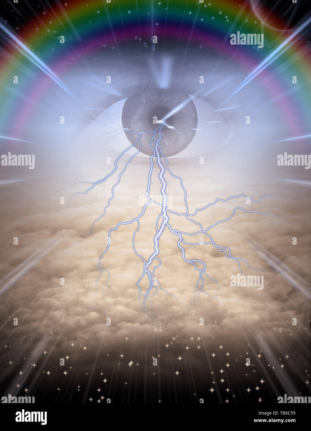 All seeing eye with lightnings and rainbow in the sky Stock Photo - Alamy