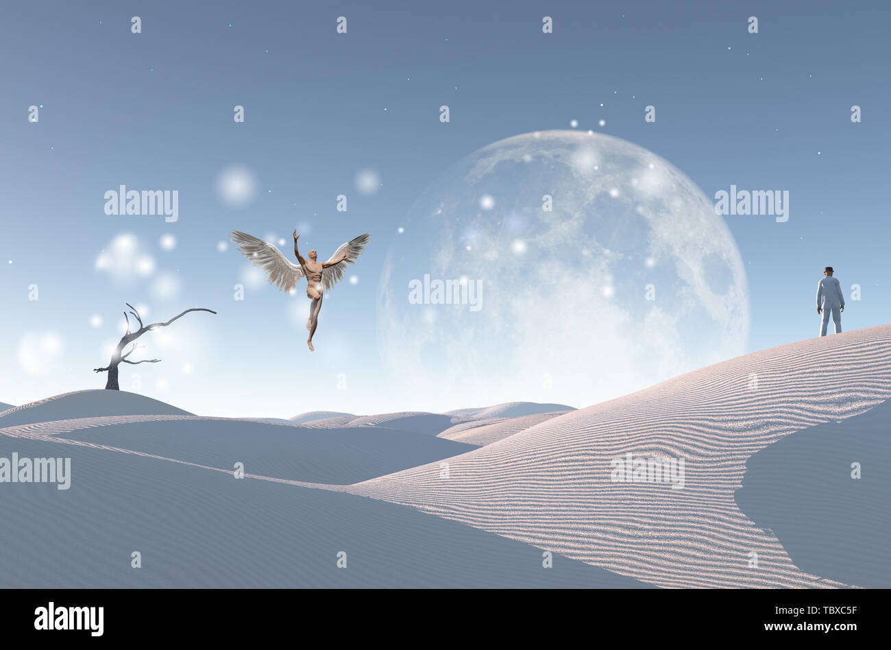 Surreal white desert with dry tree, big moon at the horizon. Man in ...