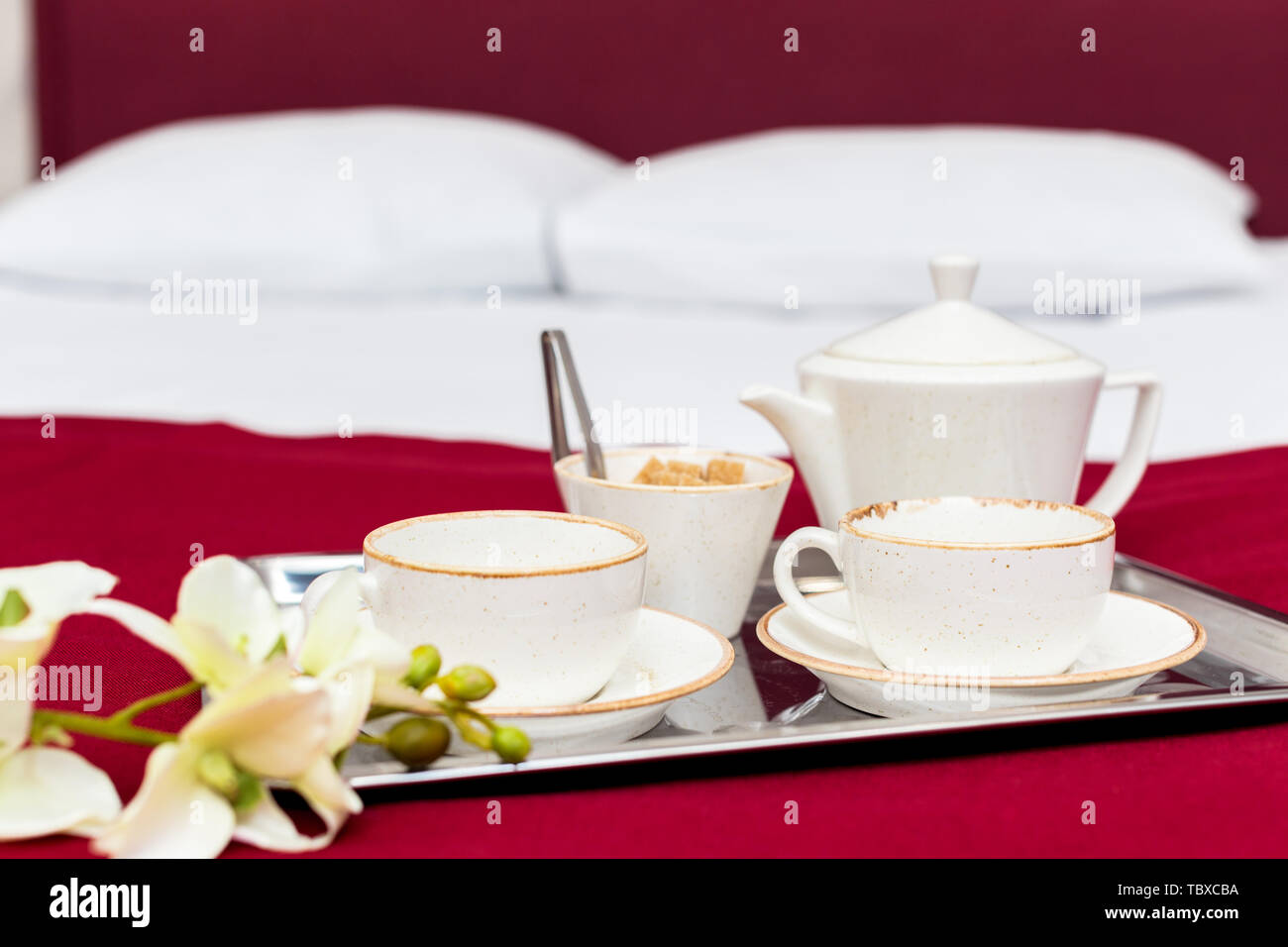Breakfast in bed in hotel room Stock Photo - Alamy