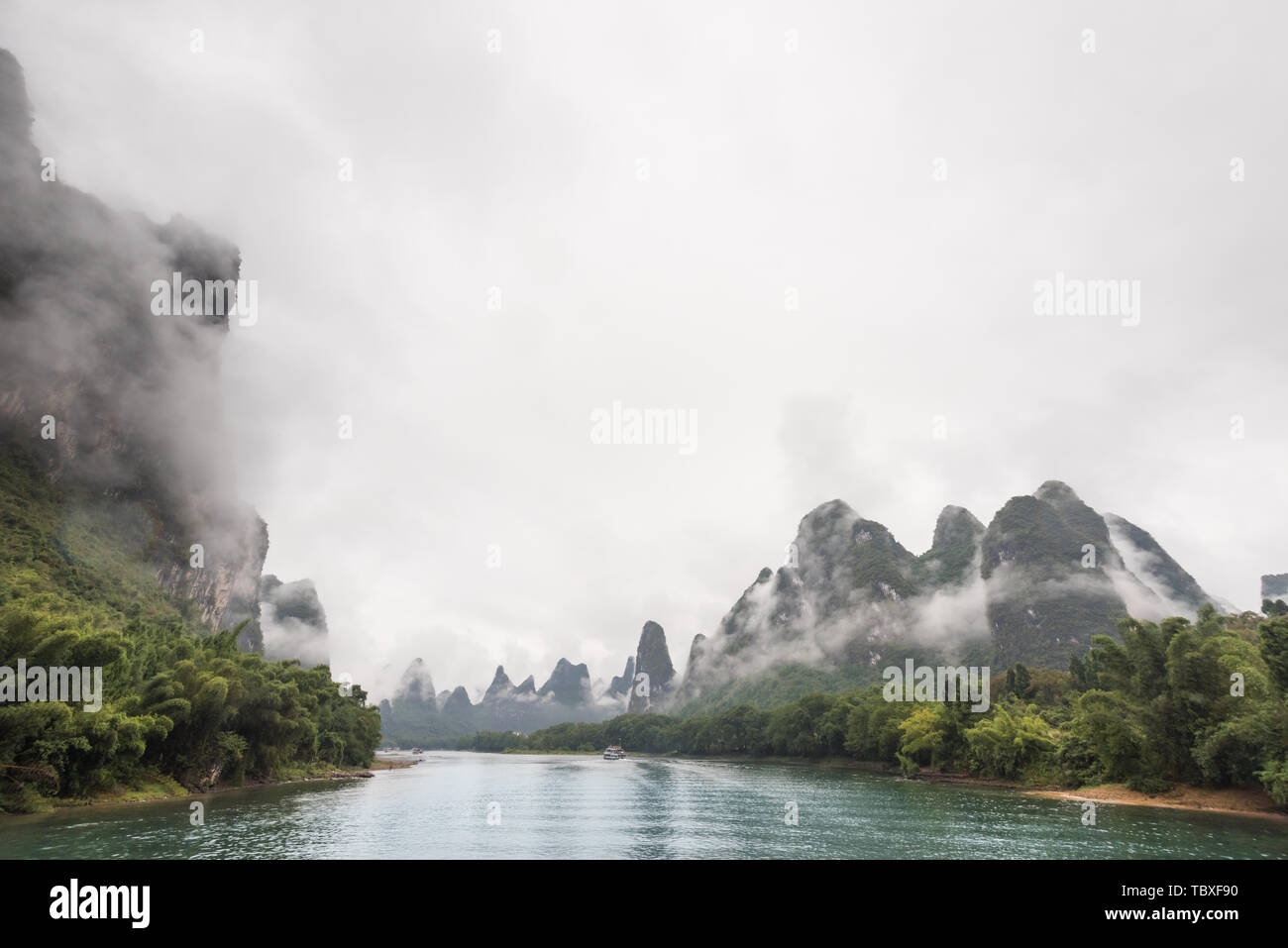 Landscape of the Li River in Guilin, China in the smoke and rain Stock ...