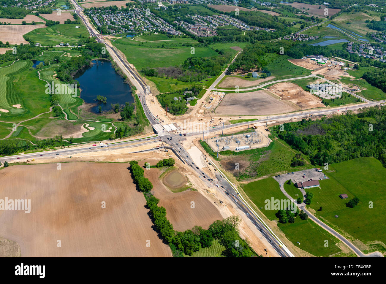 Aerial photograph of road construction at the intersection of Highway M ...