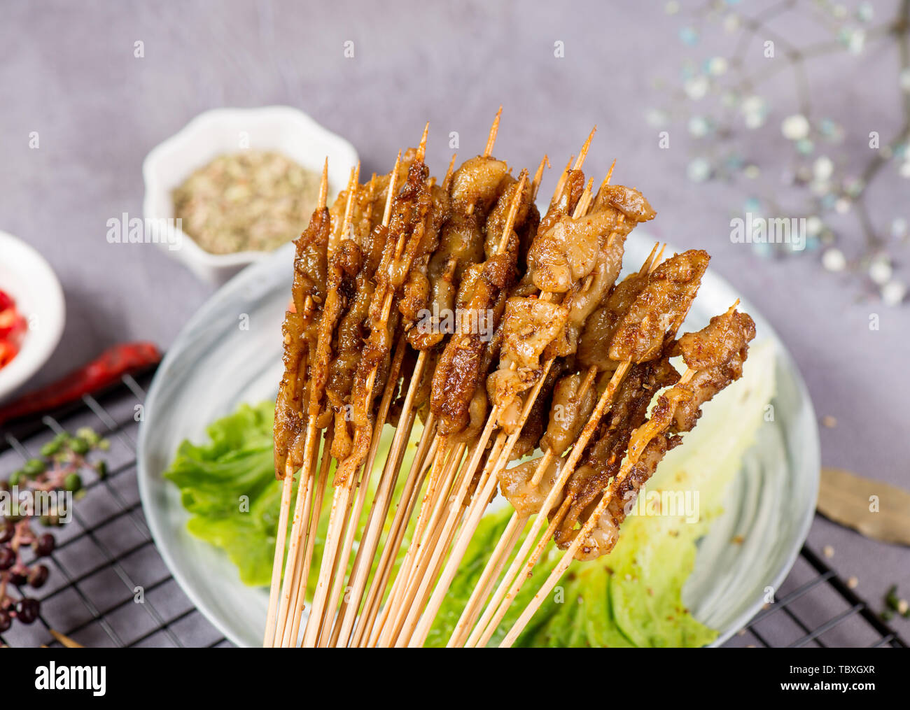 Iron plate barbecue lamb kebab, duck gizzard, lamb, pork beef Stock ...