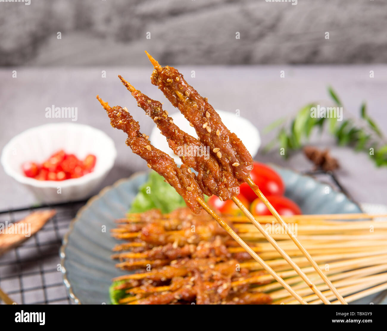 Iron plate barbecue lamb kebab, duck gizzard, lamb, pork beef Stock ...