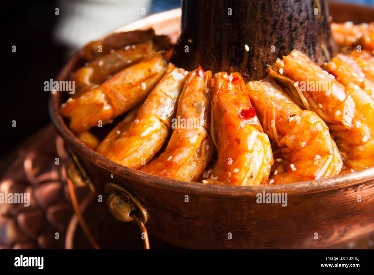 Charcoal grilled prawn pot combination Stock Photo - Alamy