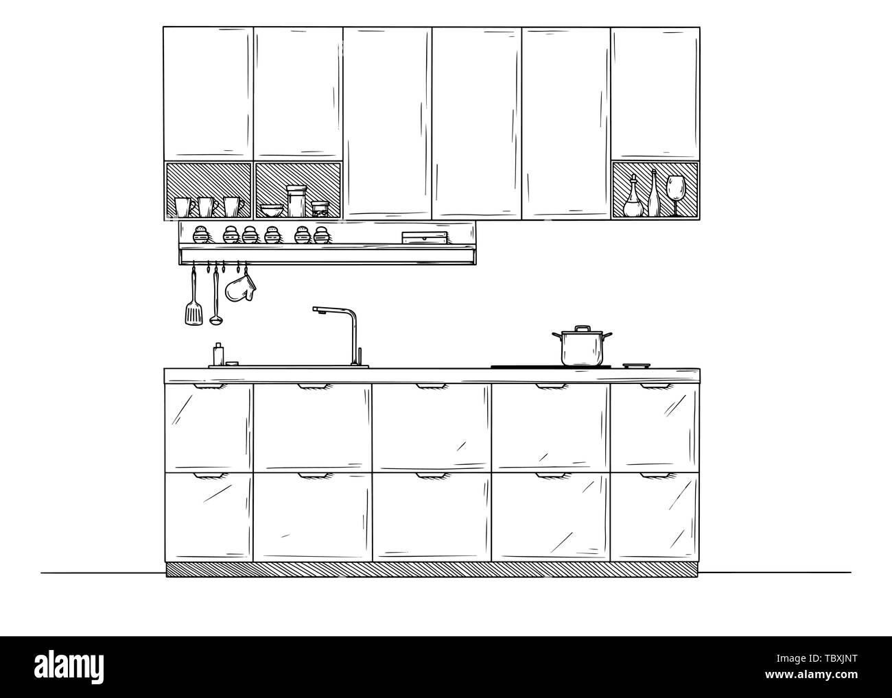 Sketch of the kitchen front view. Vector illustration Stock Vector ...
